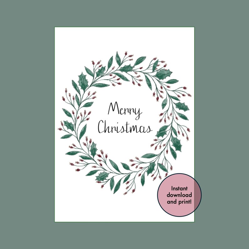 Printable Christmas Card, Christmas Wreath, Merry Christmas, Digital ...