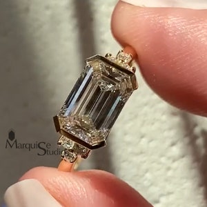 East West Emerald Cut Engagement Ring Bezel Set Moissanite Ring 2.00 ...