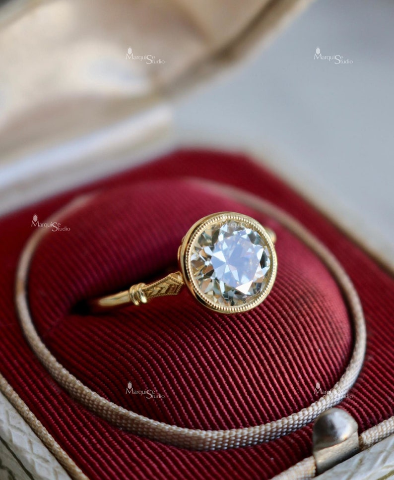 Old Mine Round Cut Moissanite Ring Bezel Set Antique Ring 2.00 Ct Round ...