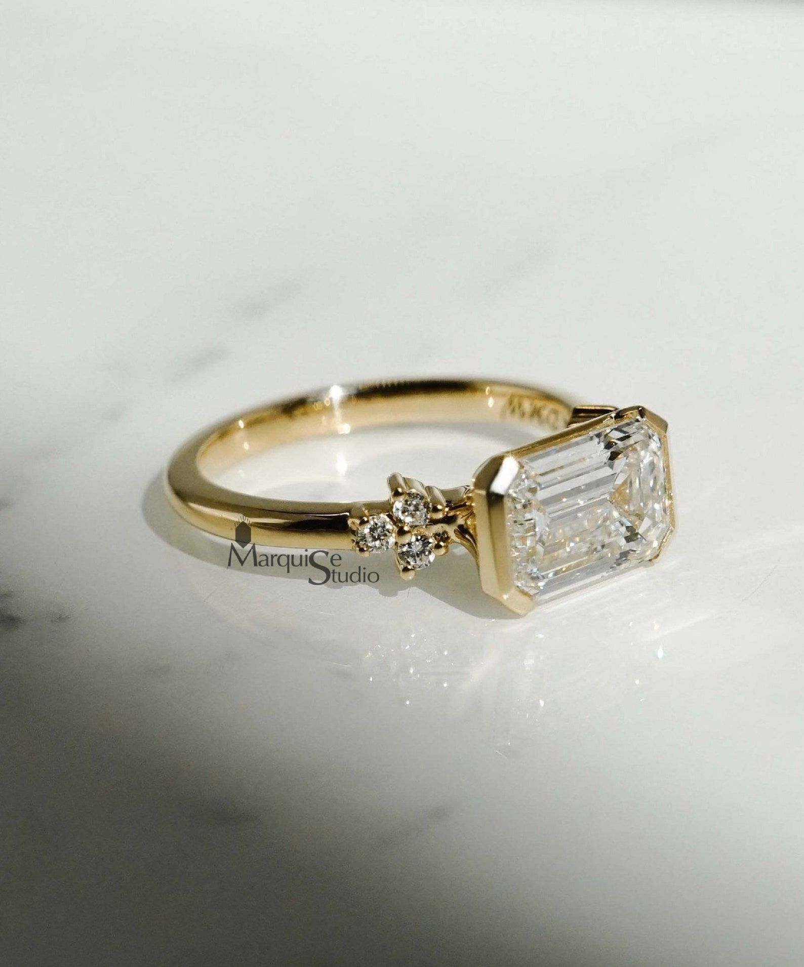 East West Emerald Cut Engagement Ring Bezel Set Moissanite Ring 2.00 ...