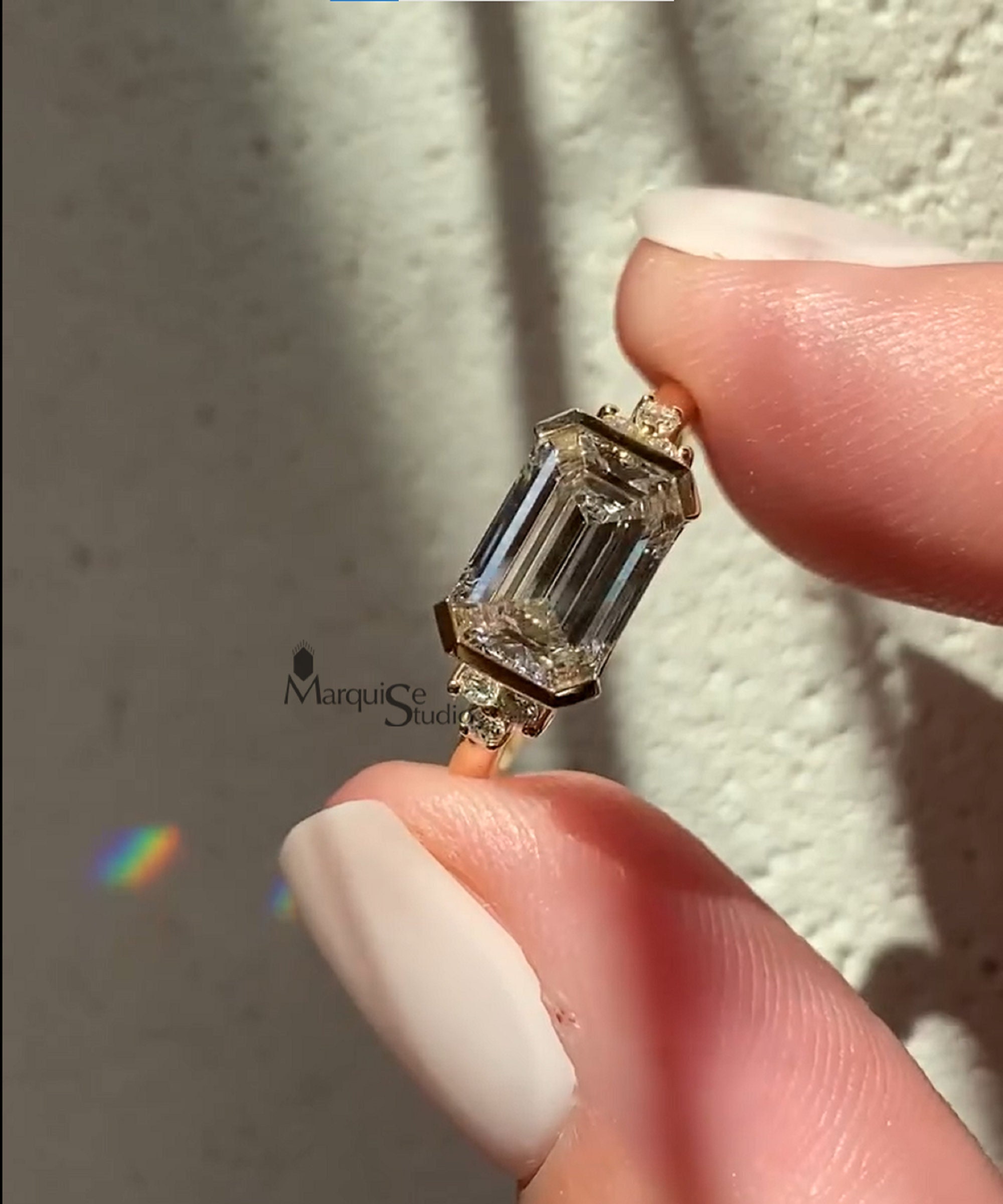 East West Emerald Cut Engagement Ring Bezel Set Moissanite Ring 2.00 ...