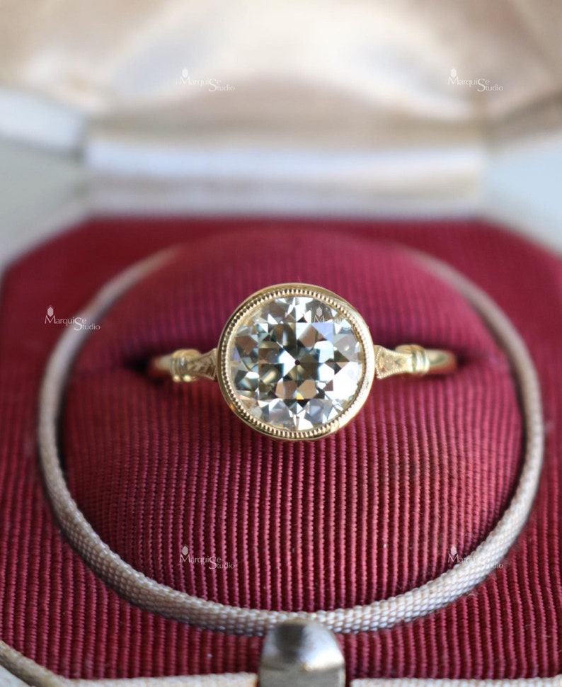 Old Mine Round Cut Moissanite Ring Bezel Set Antique Ring 2.00 Ct Round ...