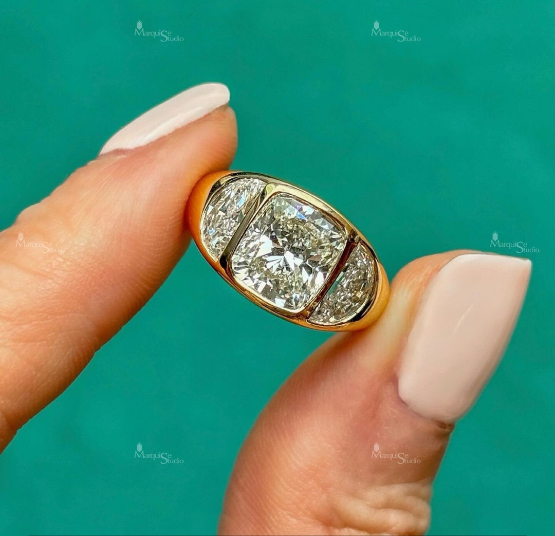 Bezel Set Moissanite Ring Three Stone Moissanite Engagement Ring 3.00 Ctw Cushion Moissanite ...