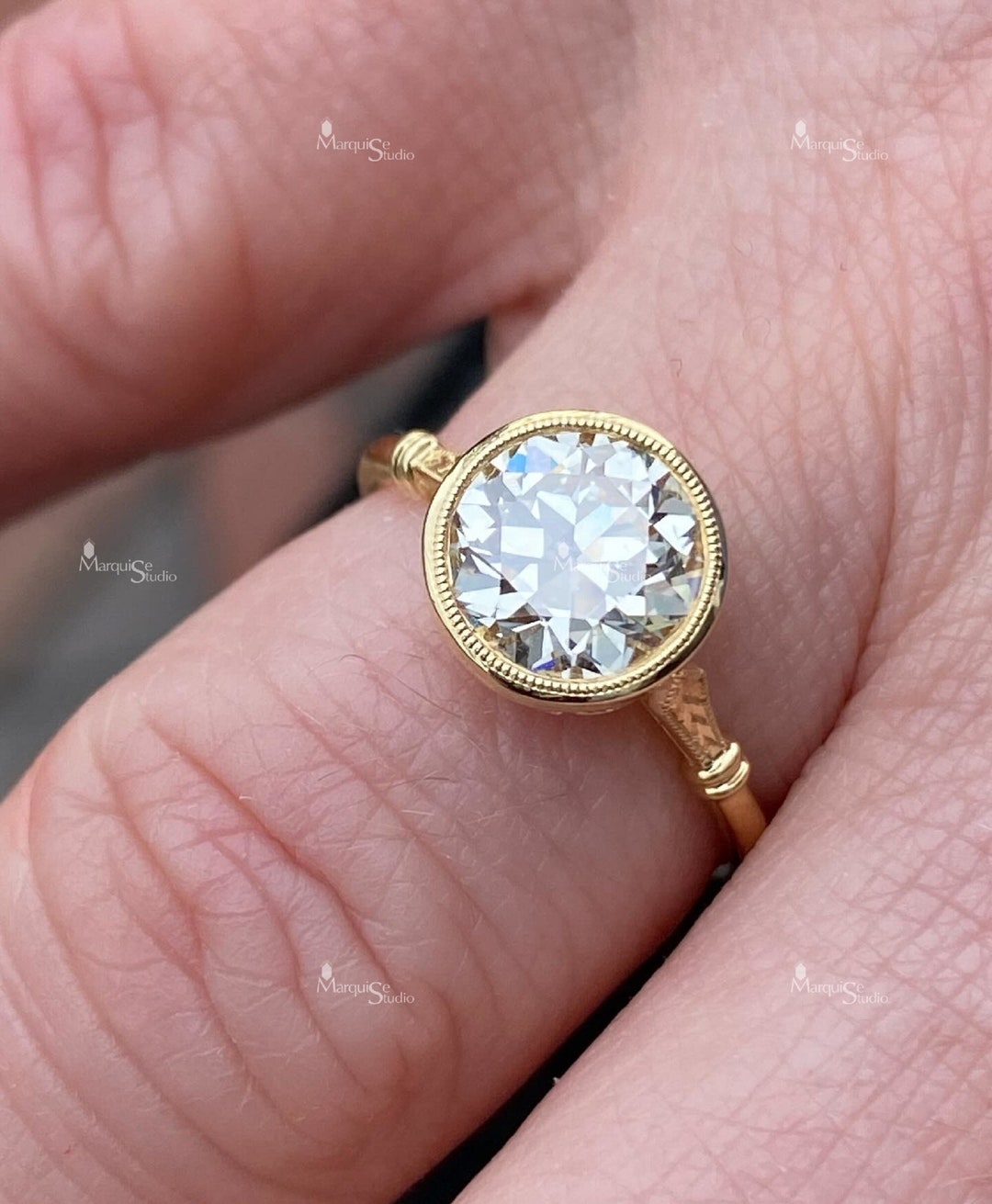 Old Mine Round Cut Moissanite Ring Bezel Set Antique Ring 2.00 Ct Round ...