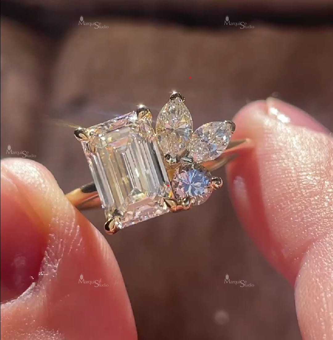 Cluster Moissanite Unique Engagement Ring Emerald Cut Moissanite Ring 2 ...