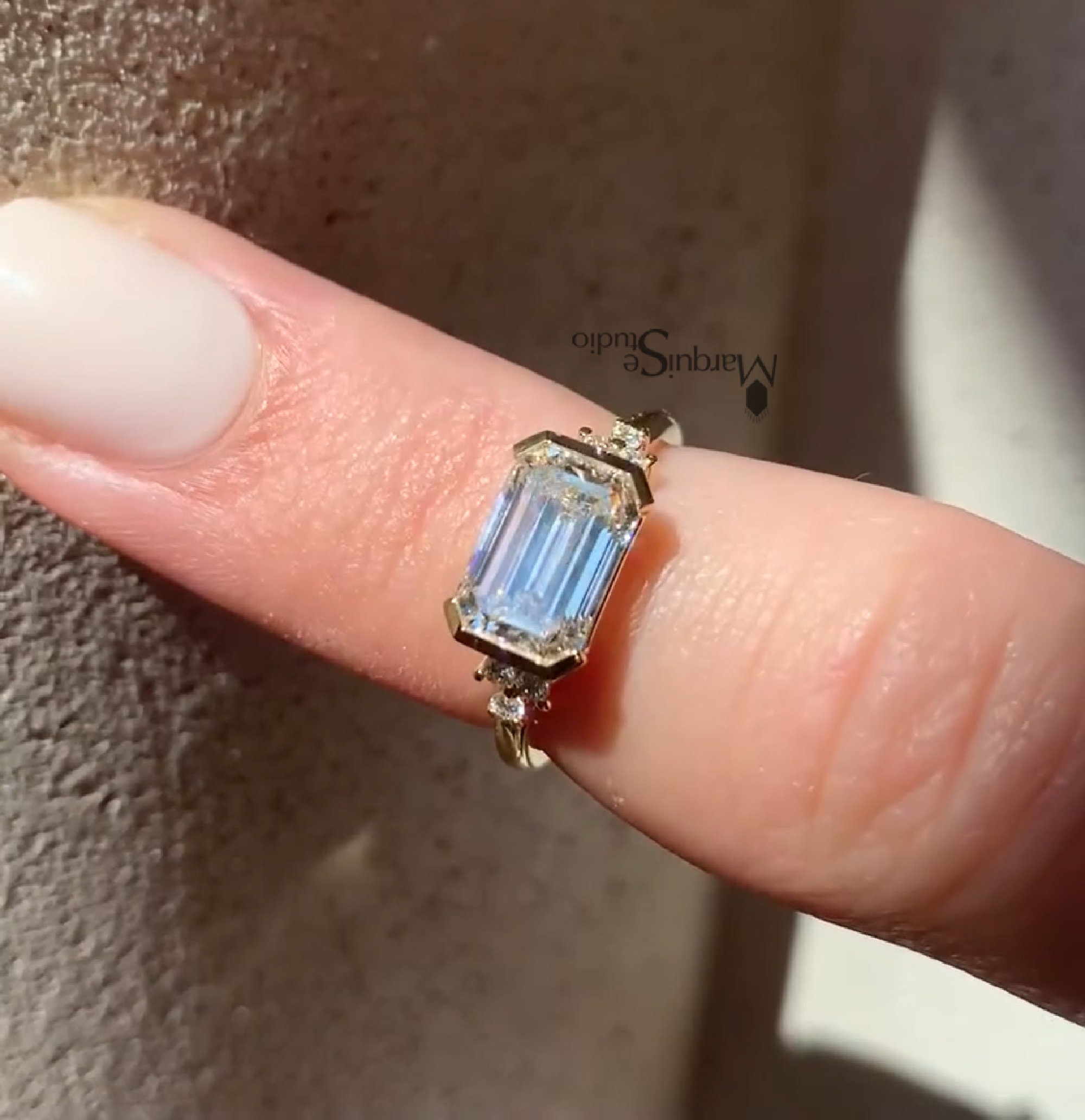 East West Emerald Cut Engagement Ring Bezel Set Moissanite Ring 2.00 ...