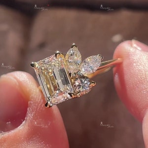 Cluster Moissanite Unique Engagement Ring Emerald Cut Moissanite Ring 2 ...