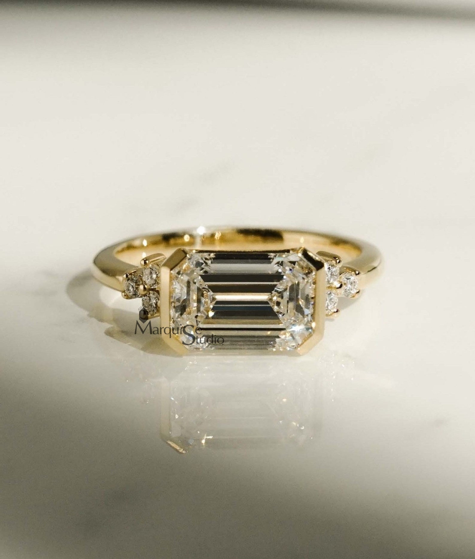 East West Emerald Cut Engagement Ring Bezel Set Moissanite Ring 2.00 ...