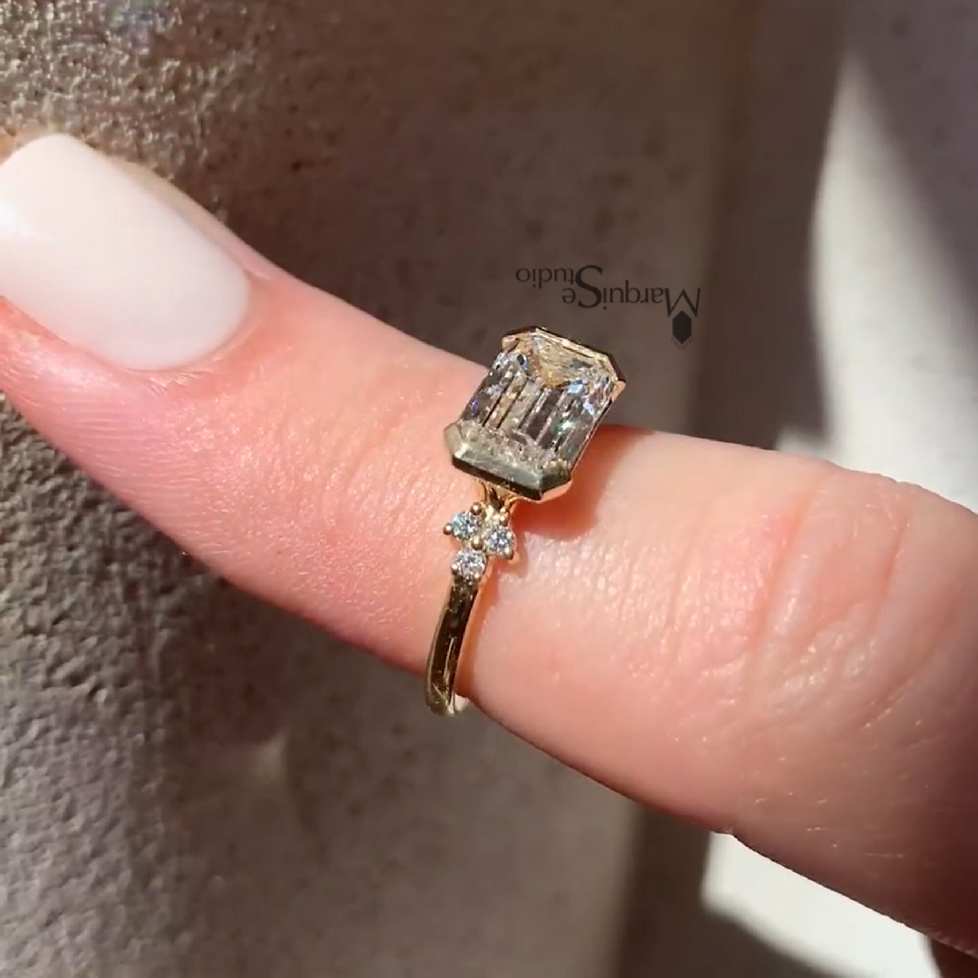 East West Emerald Cut Engagement Ring Bezel Set Moissanite Ring 2.00 ...