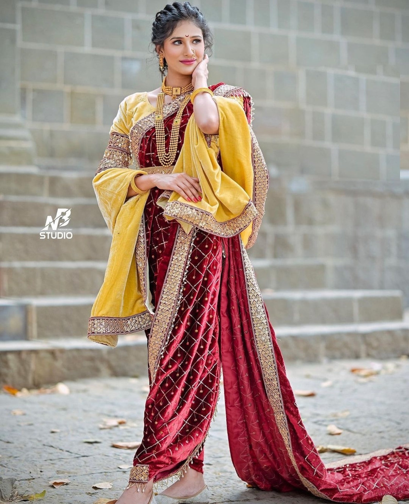 Ready to Wear Red Saree for Bridal in Velvet Fabric With Long Pallu and ...