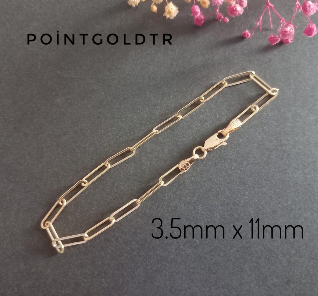 14K Gold Solid Paperclip Bracelet, 3.5mm Paperclip Bracelet, Solid ...