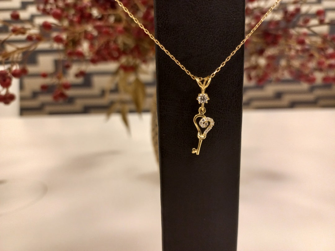 8K Gold Pendant, Small Key, Key Necklace, Key Heart, Gold Key, Mini Key ...