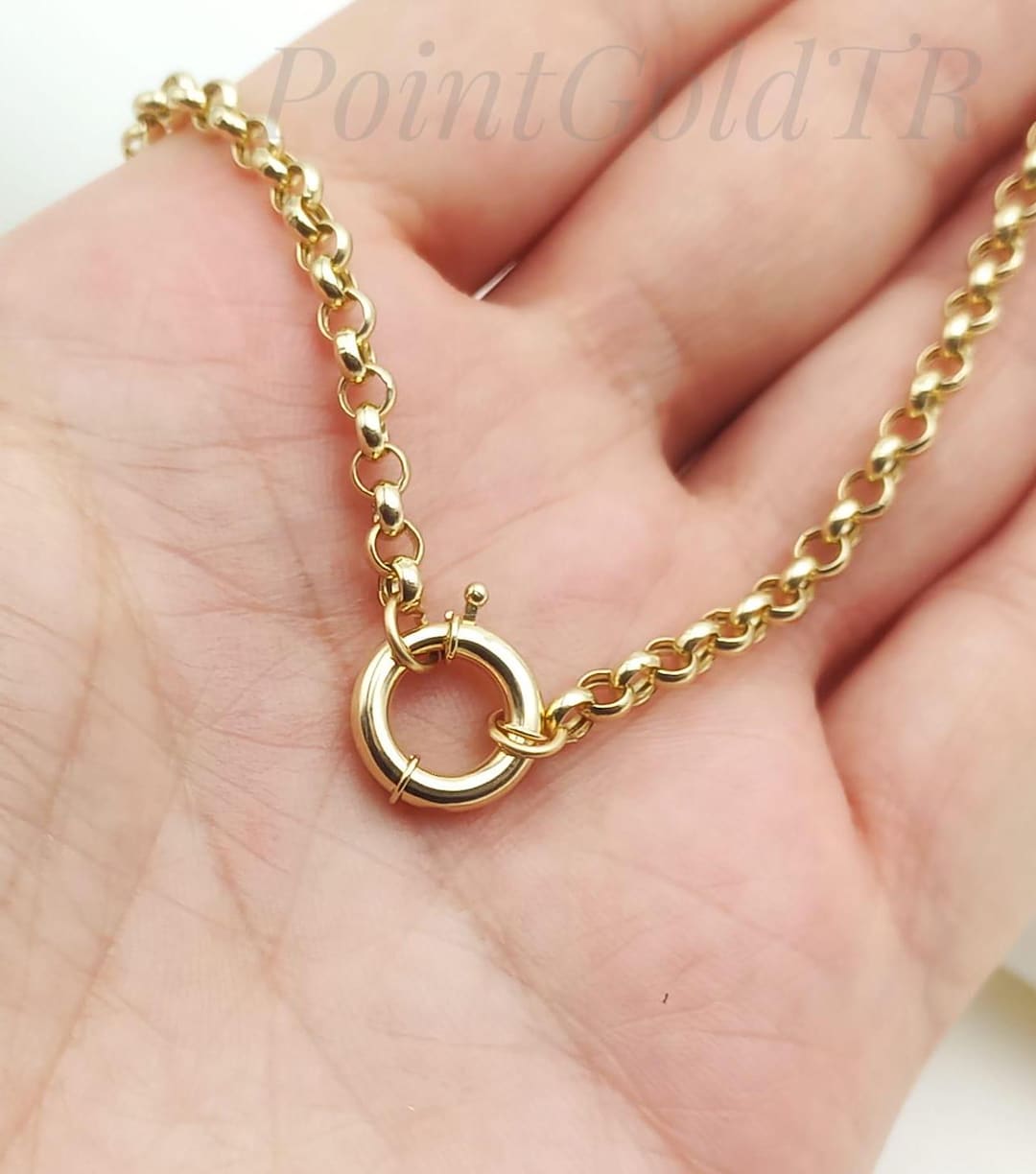 14K Gold Rolo Chain Sailor Claps, Spring Ring Claps Necklace, Rolo ...