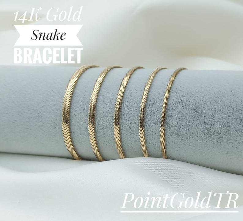 14K Solid Gold Snake Bracelet, Solid Gold Snake Bangle, Herringbone ...
