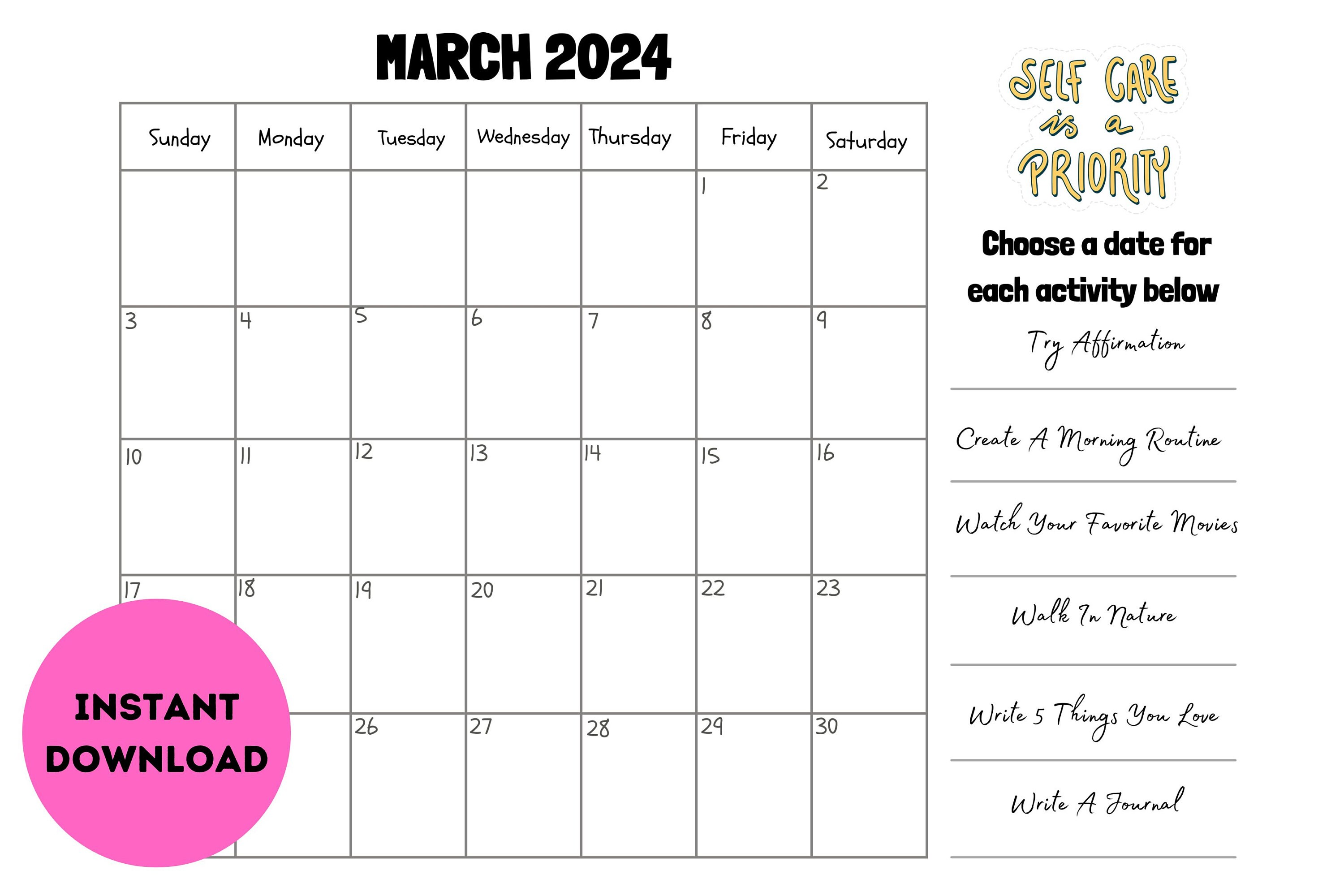 2024 Self-care Monthly Calendar Goal Setting, Mindful Planning for a ...