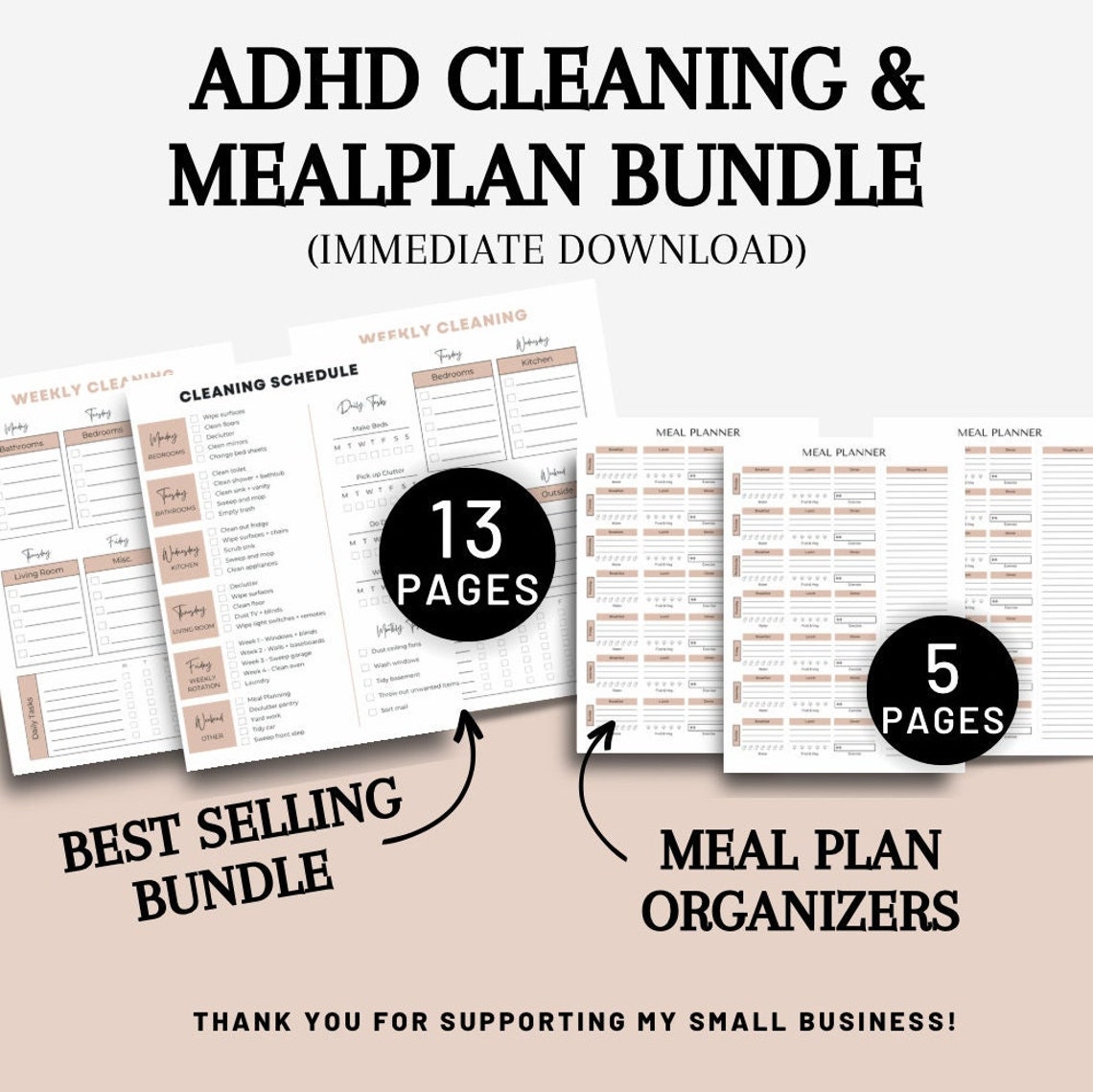 ADHD Cleaning Checklist Meal Plan Bundle Organize Meals and Home With ...