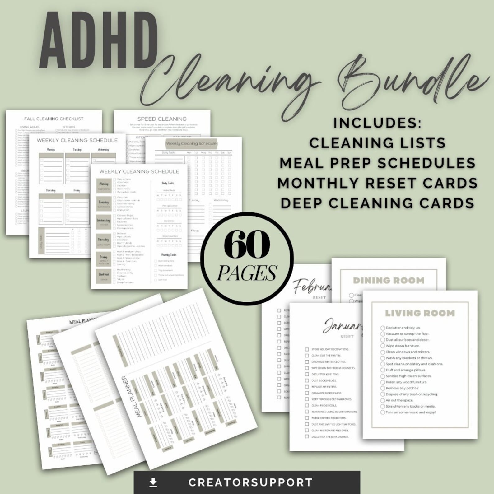 ADHD HUGE Bundle Cleaning Checklists | Monthly Reset Cards | Meal Prep ...