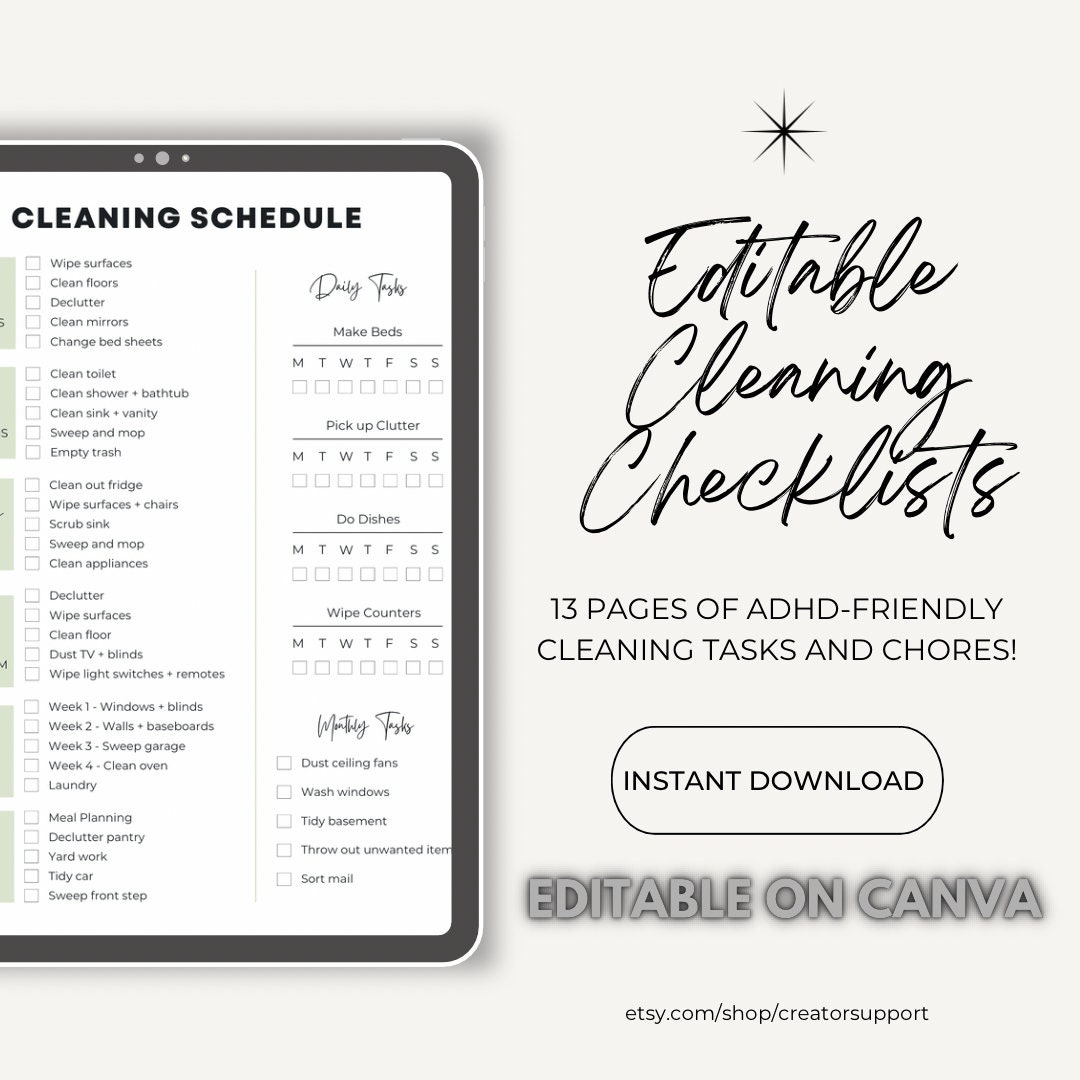 EDITABLE Cleaning Checklist | ADHD Cleaning Lists | Home Cleaning ...