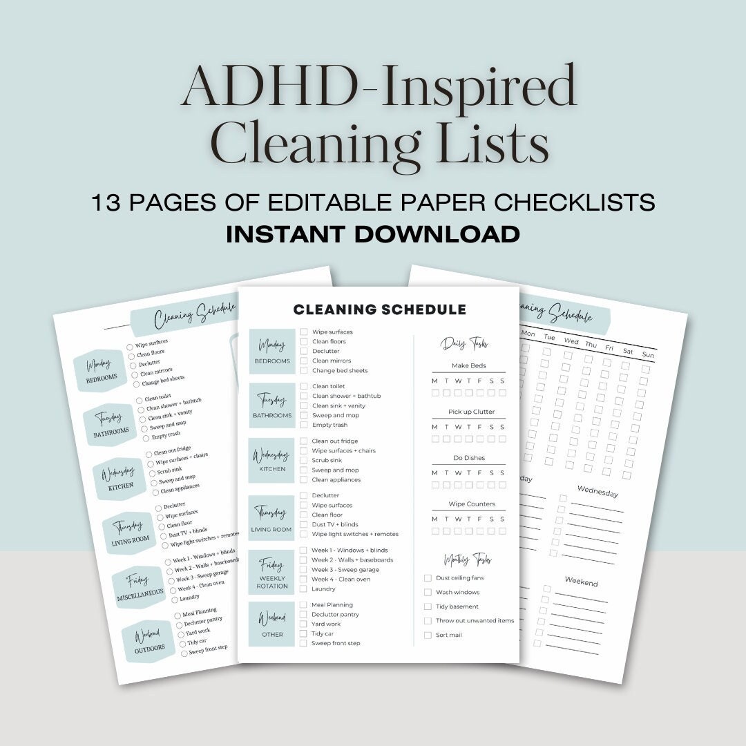 EDITABLE ADHD Cleaning Lists | ADHD Cleaning Lists | Home Cleaning ...