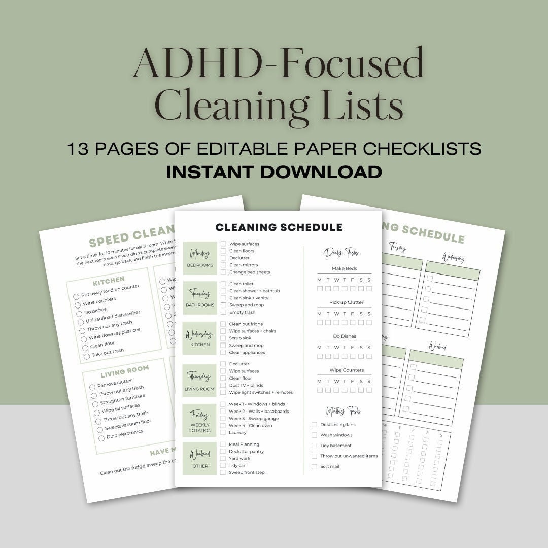 EDITABLE Cleaning Checklist | ADHD Cleaning Lists | Home Cleaning ...