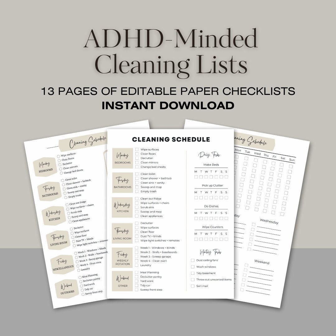 EDITABLE Cleaning Checklist | ADHD Cleaning Lists | Home Cleaning ...