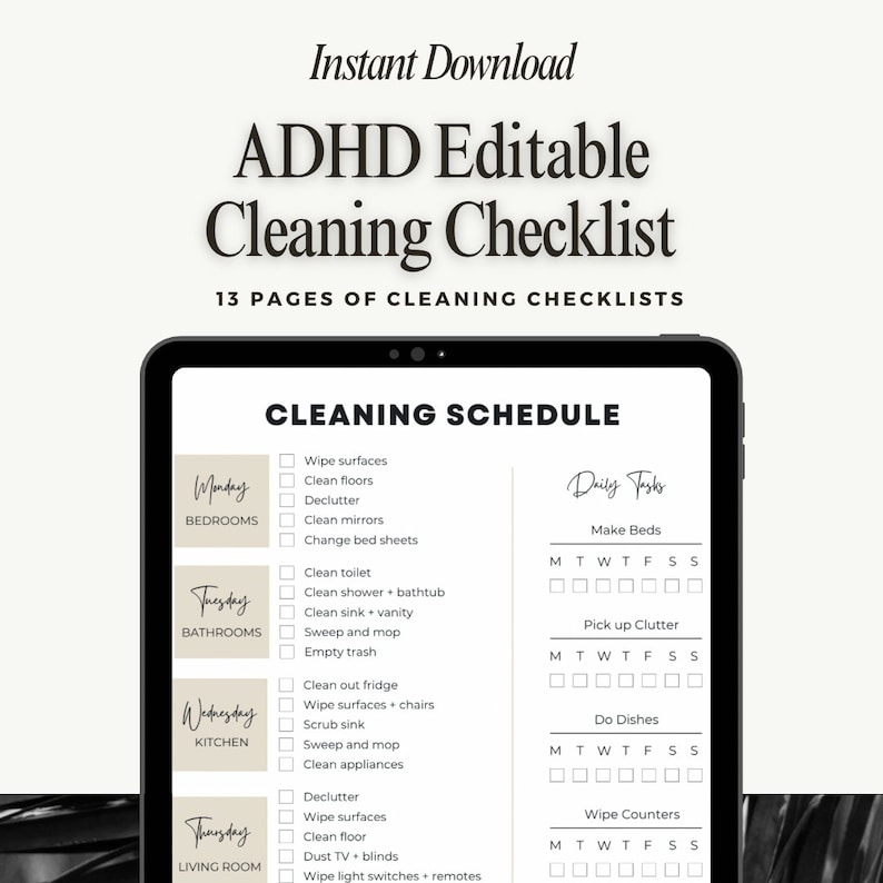 EDITABLE Cleaning Checklist | ADHD Cleaning Lists | Home Cleaning ...