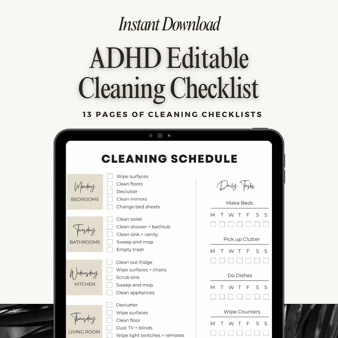 EDITABLE Cleaning Checklist | ADHD Cleaning Lists | Home Cleaning ...