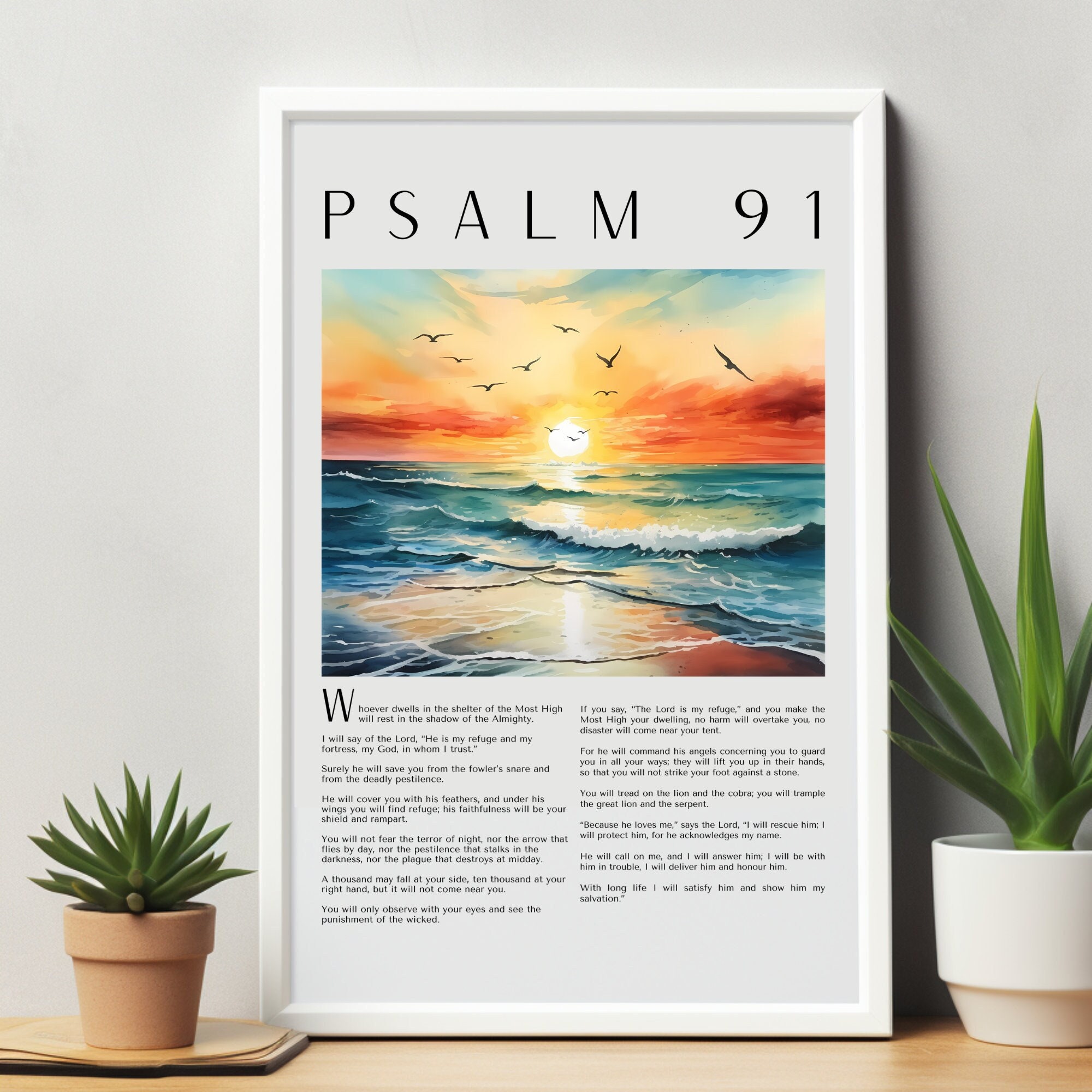 Psalm 91, Wall Art, Bible Verse Poster, Watercolour Sunset, Vintage ...