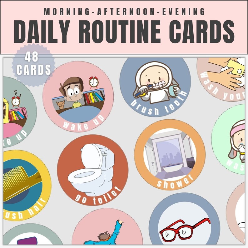 Round Daily Routine Cards & Responsibilities Chart for Kids. Morning ...