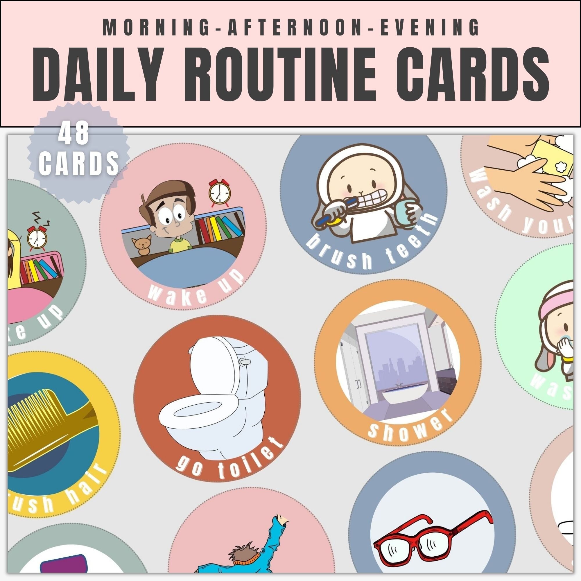 Round Daily Routine Cards & Responsibilities Chart for Kids. Morning ...