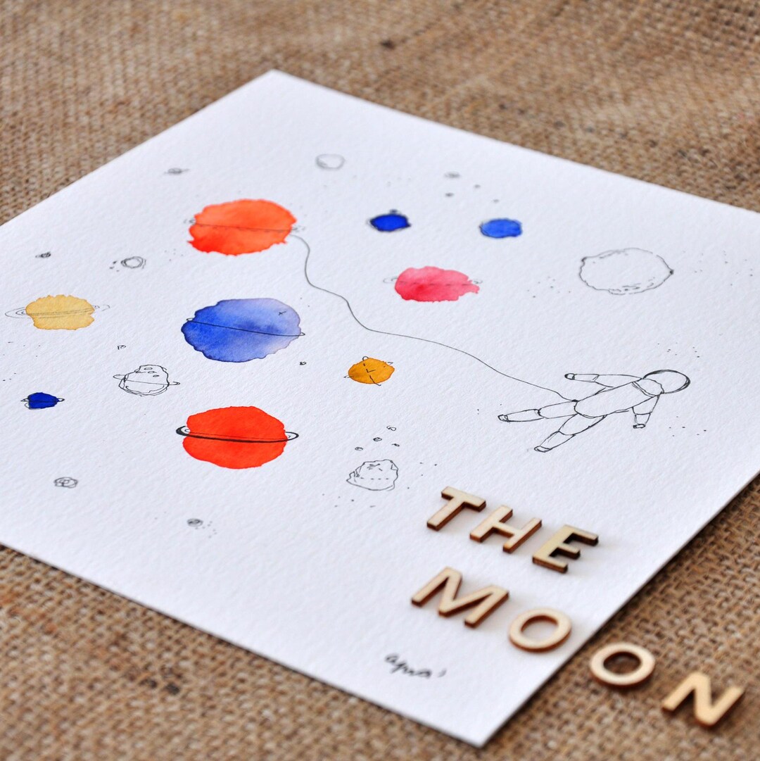 Square Planets Illustration 20x20 Cm, Space Watercolor Print, Astronaut ...