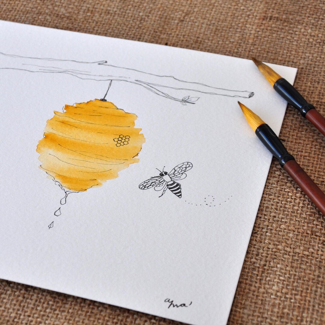 Square Bee Illustration 20x20 Cm, Watercolor Print, Animal Illustration ...