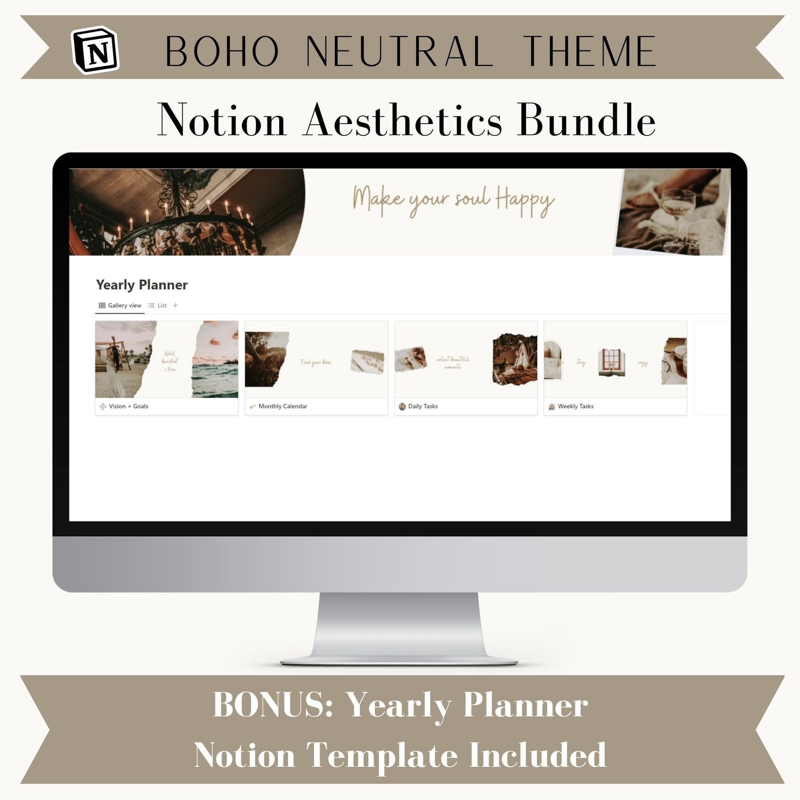 Boho Neutral Theme Notion Aesthetics Bundle | Yearly Planner Notion ...