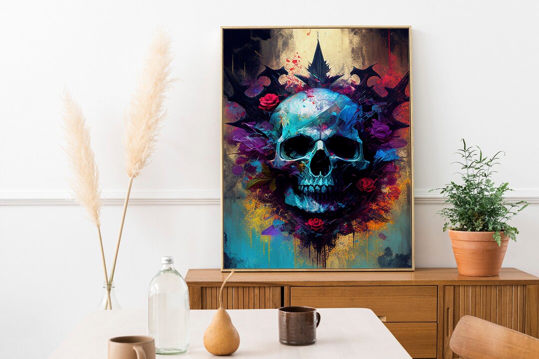 Neon Gothic Skull Digital Splash Art Print Wall Art Poster Gothic ...