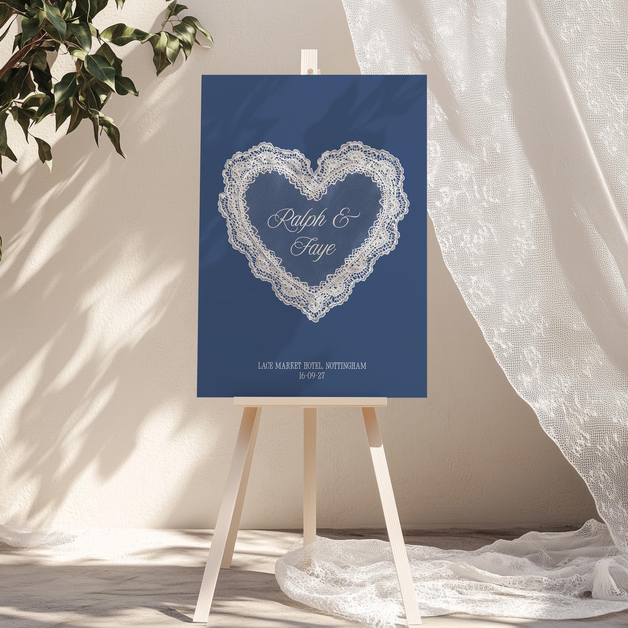Vintage Lace Wedding Welcome Sign Blue White Doily Bow Custom Editable ...