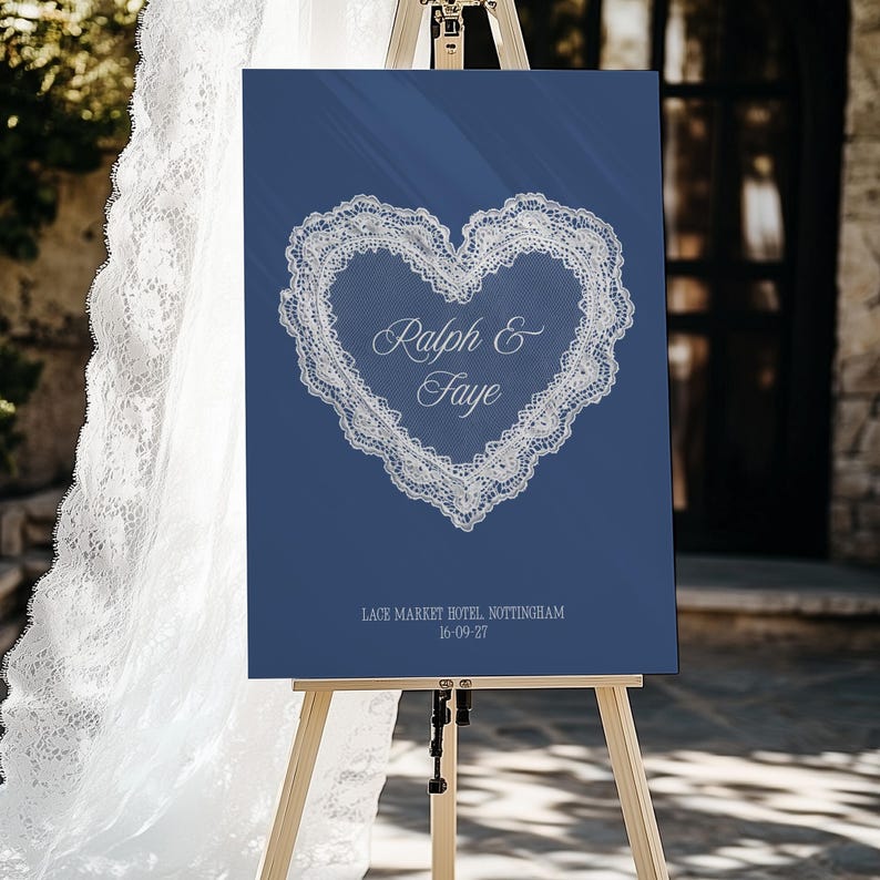 Vintage Lace Wedding Welcome Sign Blue White Doily Bow Custom Editable ...