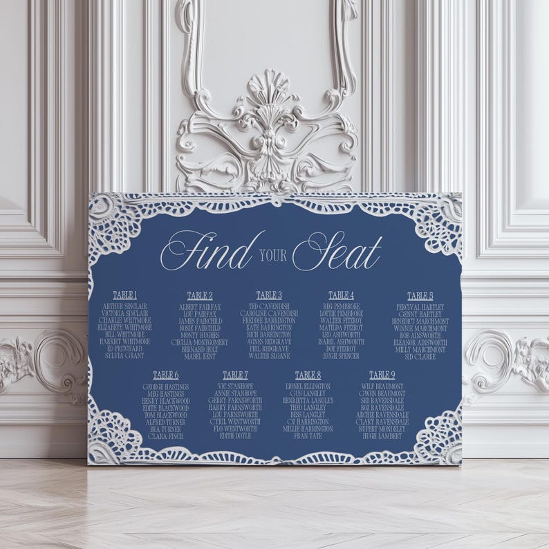 Vintage Lace Wedding Seating Chart Sign Blue White Bow Custom Editable ...