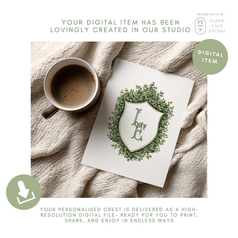 Ivy Digital Watercolour Crest. Semi Custom Botanical Leaves Wreath Coat ...