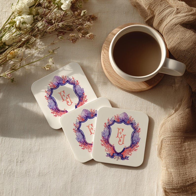 Coral Digital Watercolour Crest. Semi Custom Reef Sea Ocean Coastal ...