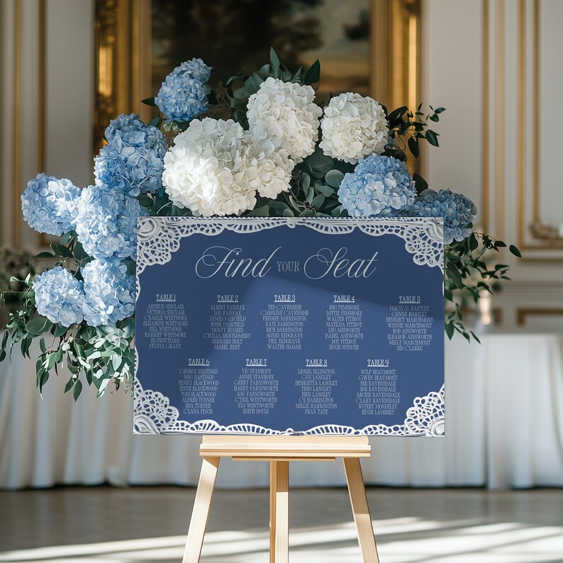 Vintage Lace Wedding Seating Chart Sign Blue White Bow Custom Editable ...