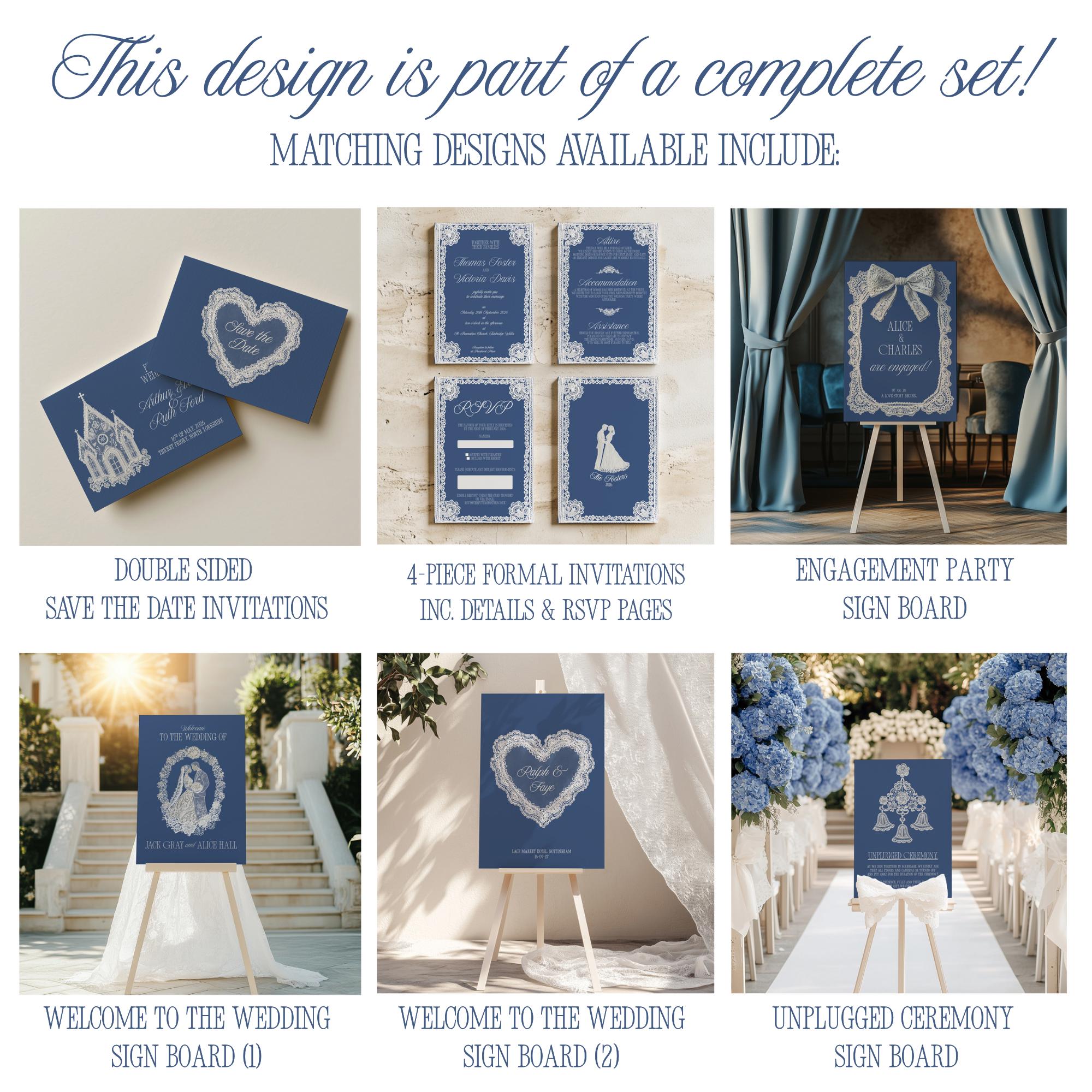Vintage Lace Wedding Welcome Sign Blue White Doily Bow Custom Editable ...