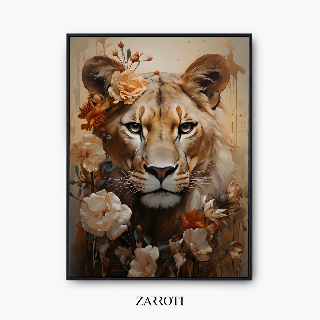 Abstract Lioness Flower Wall Art, Modern Lioness Decor, Jungle Animal ...