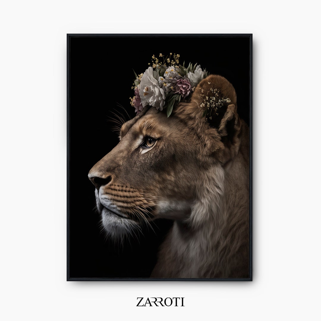 Lioness Flower Art Poster, Lioness Crown Wall Print, Lioness Printable ...