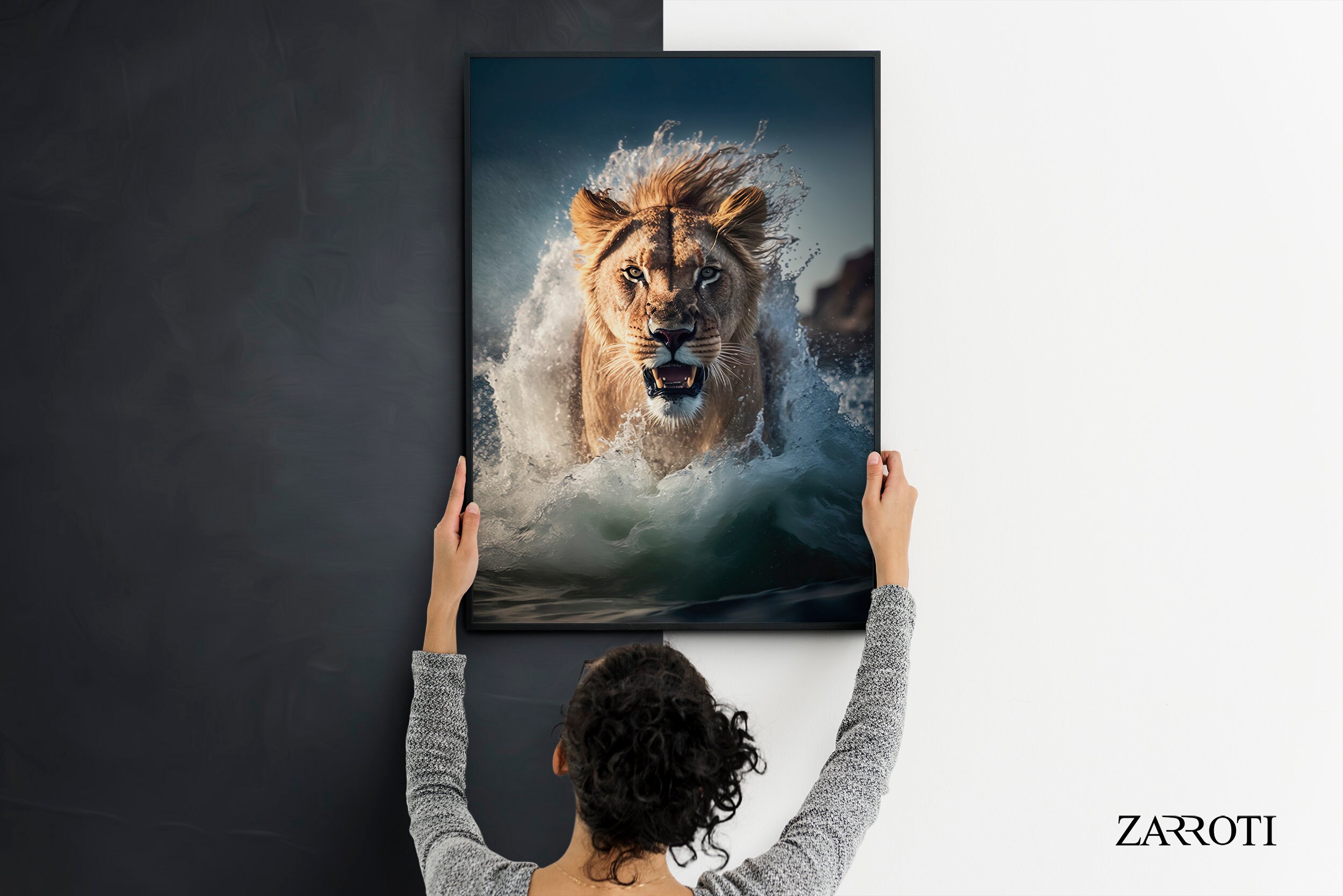 Lioness in Sea Poster, Lion Waves Print, Lioness in Water Printable Art ...
