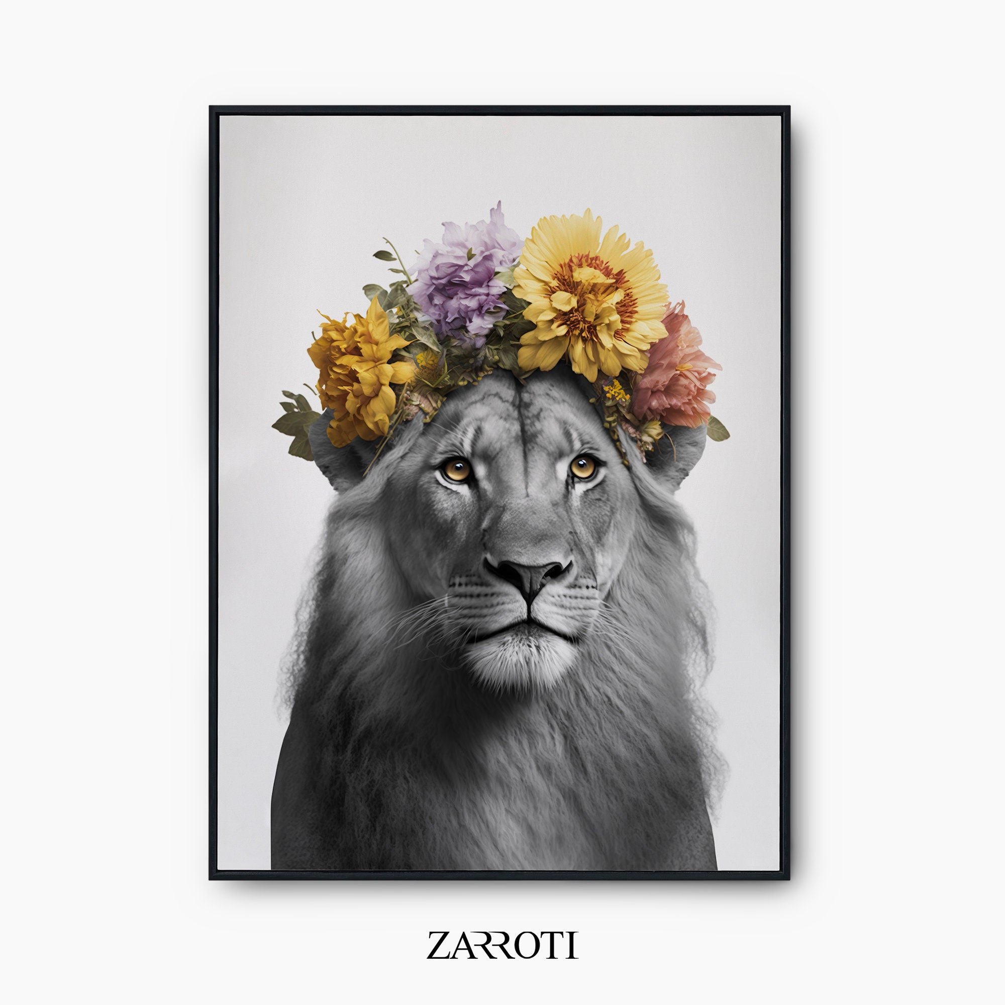 Lion Flowers Crown Poster, Lion Flowers Black and White Printable Wall ...