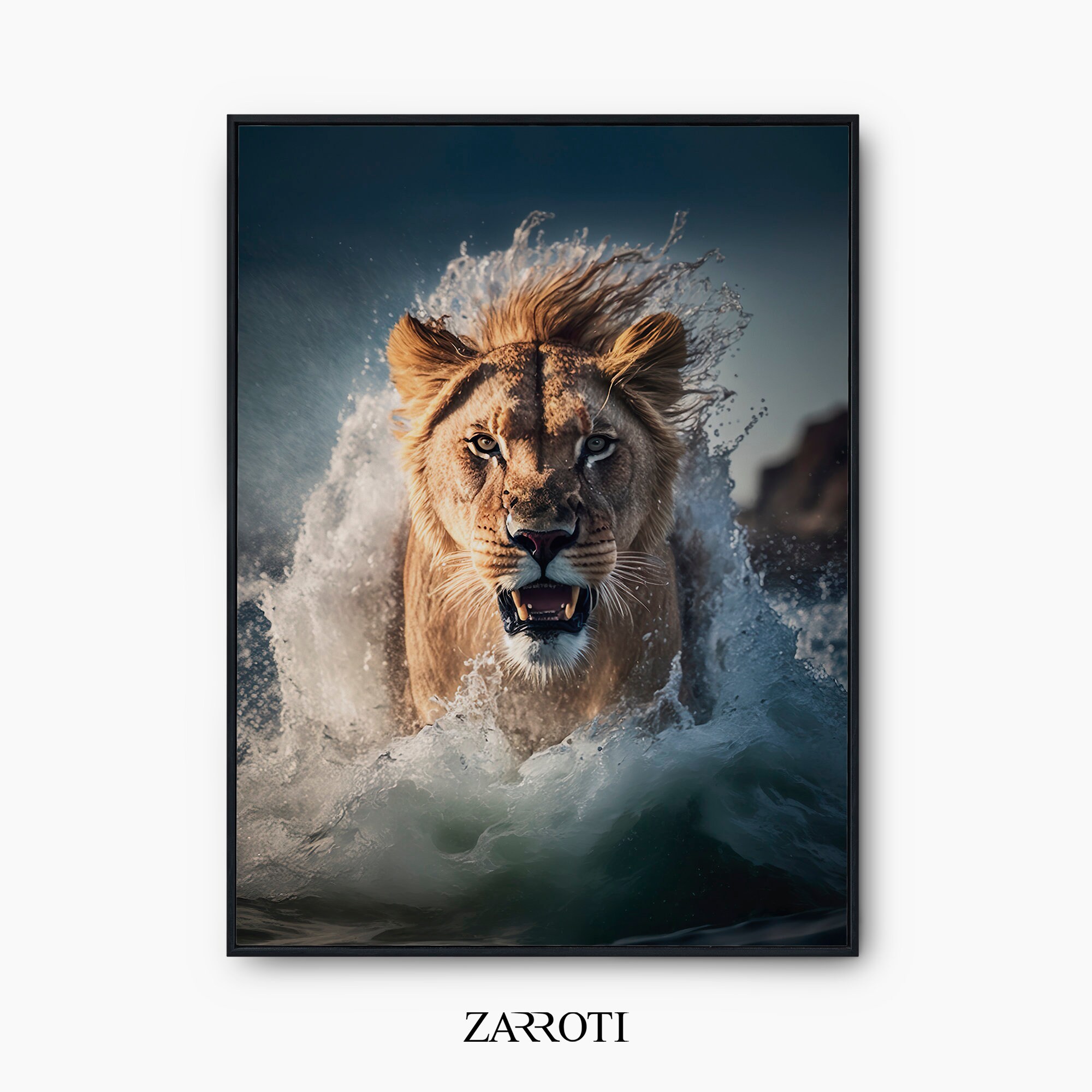 Lioness in Sea Poster, Lion Waves Print, Lioness in Water Printable Art ...