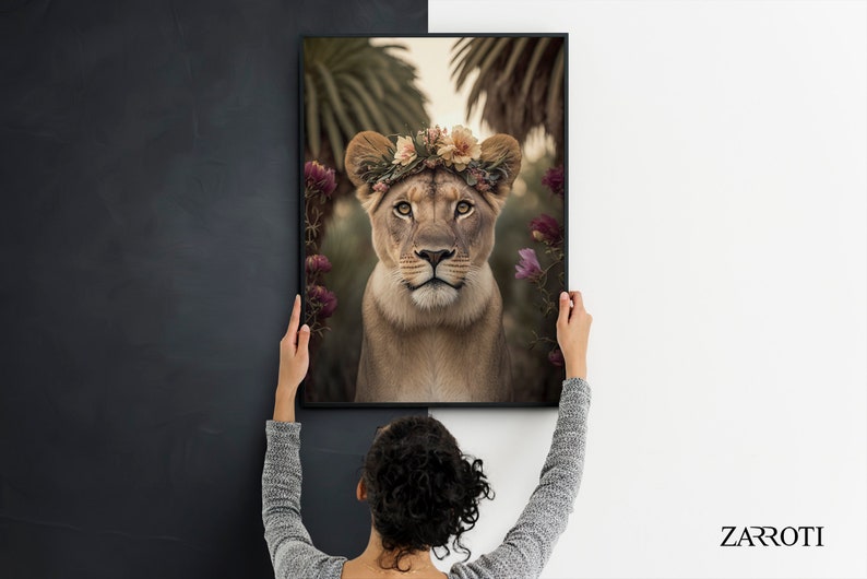 Lioness Flower Crown Print, Modern Lion Poster, Jungle Animal Printable ...