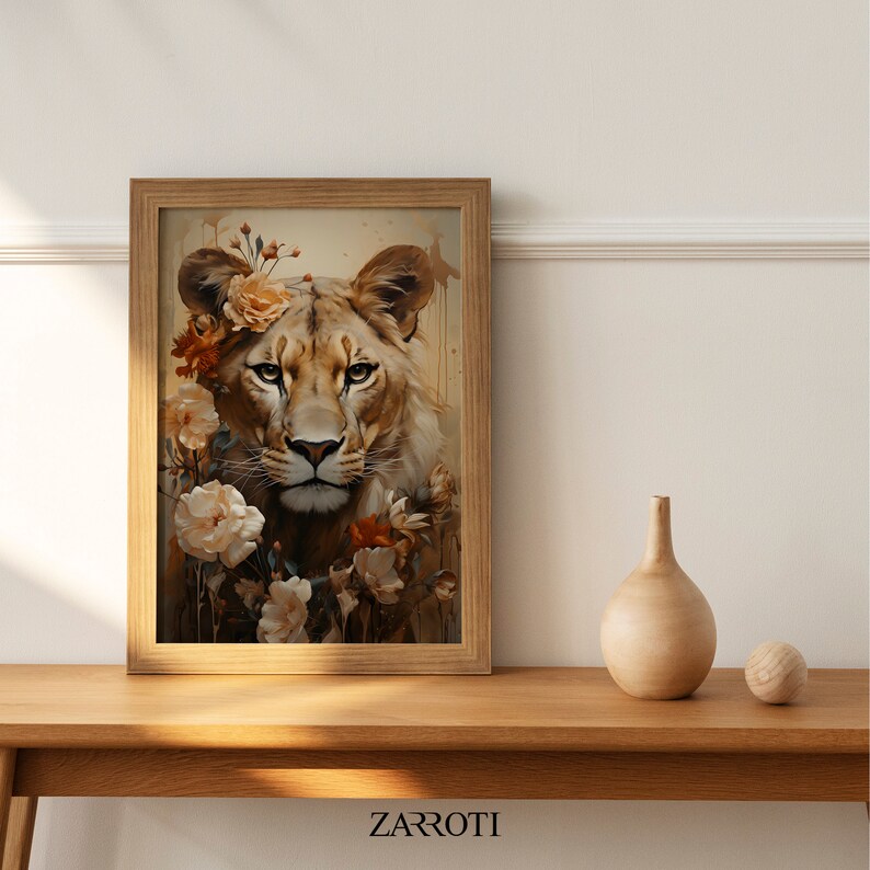 Abstract Lioness Flower Wall Art, Modern Lioness Decor, Jungle Animal ...