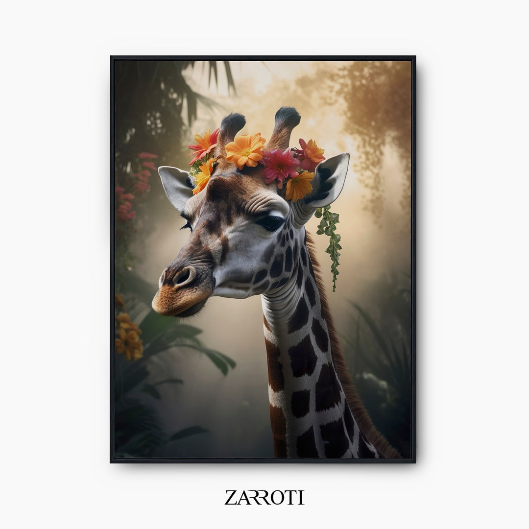 Giraffe Flower Crown Poster, Giraffe Jungle Flowers Printable Wall Art ...