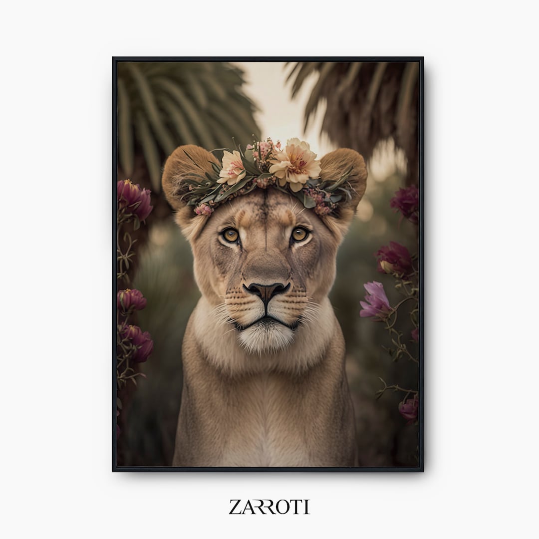 Lioness Flower Crown Print, Modern Lion Poster, Jungle Animal Printable ...